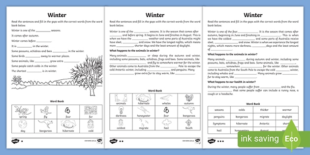 Winter Cloze Differentiated Worksheets