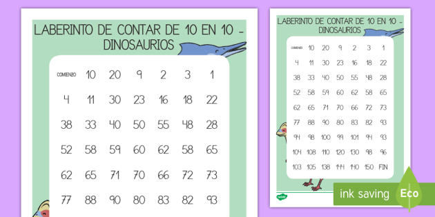 Laberinto de contar de 10 en 10: Dinosaurios
