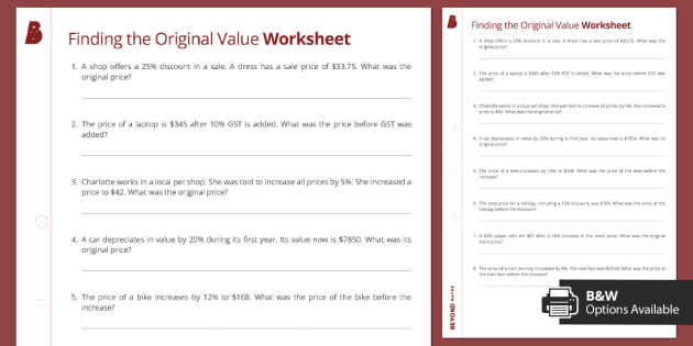 Reverse Percentages Worksheet: Find the Original Value