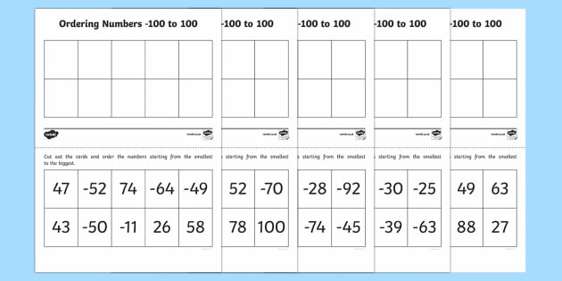 Ordering Numbers Minus100 to 100 Activity