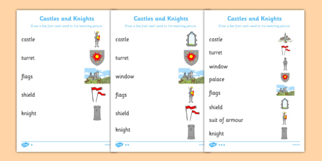 Castles And Knights Word And Picture Matching Differentiated Worksheet