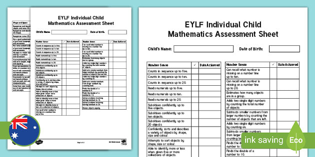 EYLF Individual Child Numeracy Assessment Sheet