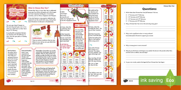 Chinese New Year Reading Comprehension KS2 Resource - Twinkl