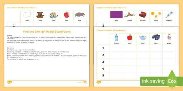 Find and Sink Medial /p/ Sound Game (teacher made)