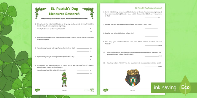 NI St. Patrick's Day Measures Research Worksheet / Worksheet