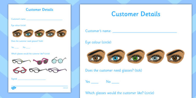 Opticians Role Play Customer Details Form (teacher made)