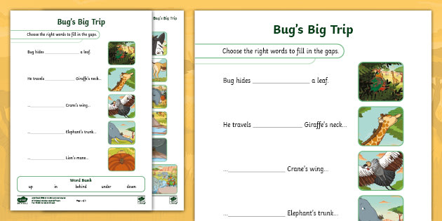 Bug's Big Trip: Positional Language Cloze Activity