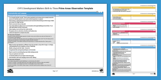 EYFS Development Matters Birth to Three Prime Areas Observation Template