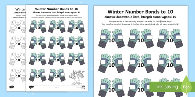 Winter Themed Number Bonds to 10 Worksheet / Worksheet English/Polish