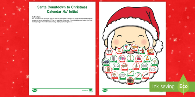 Countdown to Christmas Calendar /k/ Initial Worksheet