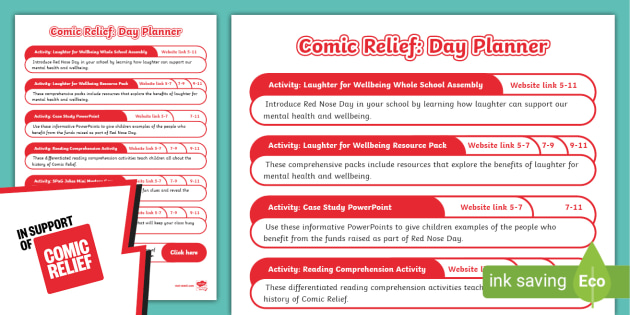 FREE! - Comic Relief Day Planner - Twinkl - Primary Resources