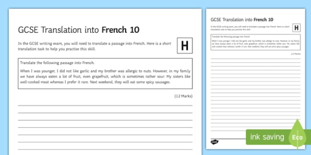 GCSE French: Translation into French 10 - Higher Tier Worksheet