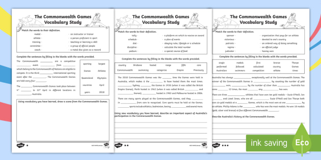 The Commonwealth Games Vocabulary Study Worksheet
