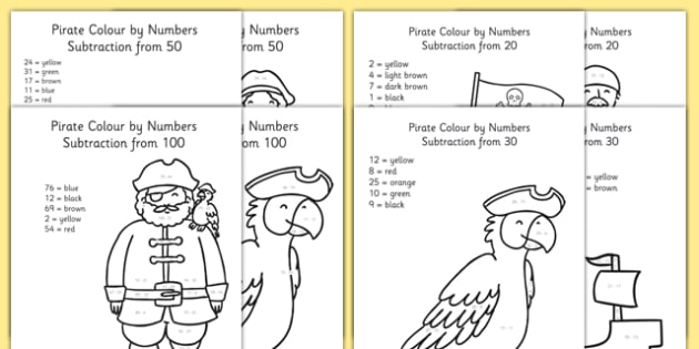Pirate Themed Subtraction Colour by Numbers Pack