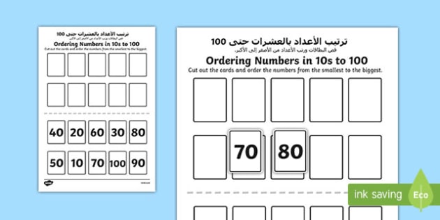 Ordering Numbers in 10s to 100 Activity Arabic