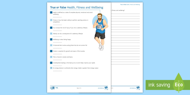 GCSE PE: Health, Fitness and Wellbeing True or False Worksheet