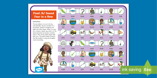 Final /k/ Sound Four in a Row (teacher made)