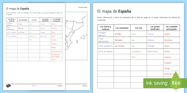 The Map of Spain Research Worksheet / Activity Sheet Spanish