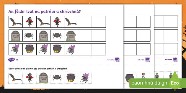 Halloween Complete the Pattern Worksheet Gaeilge