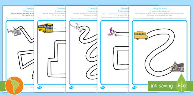 Transport Pencil Control Path Worksheet / Worksheets English/Spanish