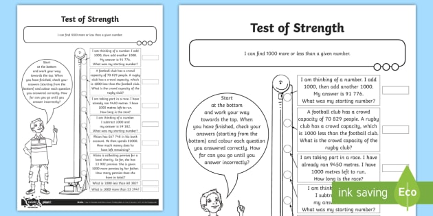 Finding 1000 More or Less Test of Strength Fairground Themed Worksheet