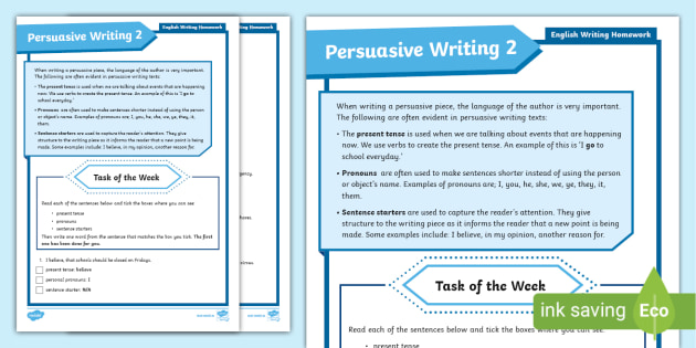 English Writing Homework Persuasive Writing 2 3rd/4th Class