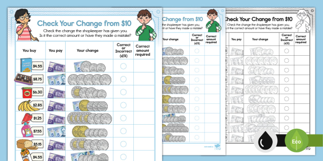 Canadian Money Check Your Change From $10 Activity