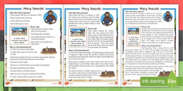 All About Mary Seacole Differentiated Reading Comprehension