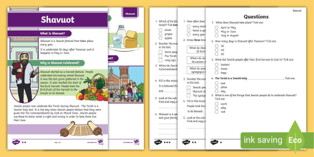 KS1 Shavuot Differentiated Reading Comprehension Activity