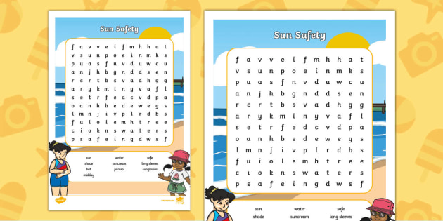 Sun Safety Word Search Summer Safety For Kids Worksheets & Teaching
