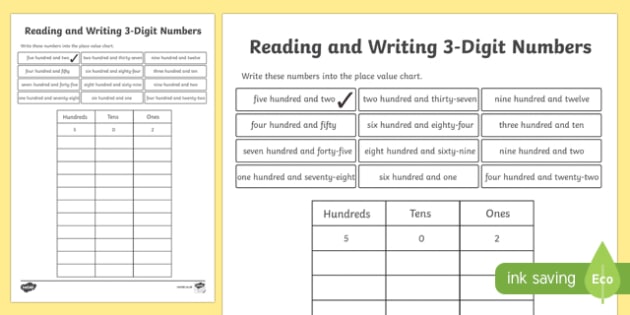 Place Value Reading And Writing 3 Digit Numbers Worksheet