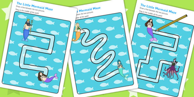 The Little Mermaid Pencil Control Path Worksheets - motor skills