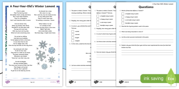 A Four-Year-Old's Winter Lament Poem Differentiated Worksheet / Worksheet