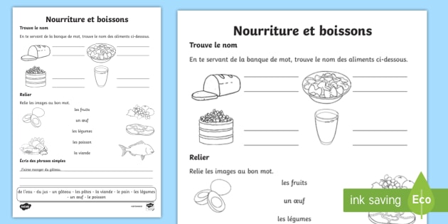 Feuille d'activités : La nourriture et les boissons