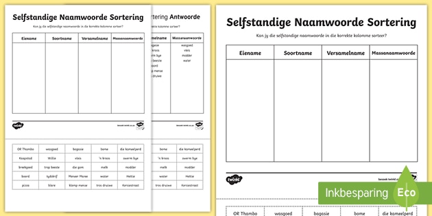 Selfstandige Naamwoorde Sorteer Aktiwiteit