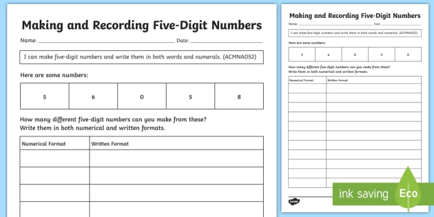 Making and Recording Five-Digit Numbers Open-Ended Worksheet / Worksheet
