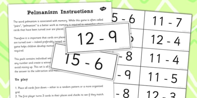 Pelmanism Subtraction Facts Game to 10, maths, memory, game