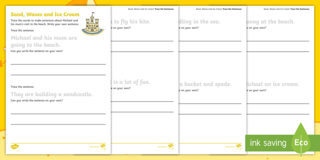 Sand, Waves and Ice Cream Trace the Sentences Worksheet / Worksheet