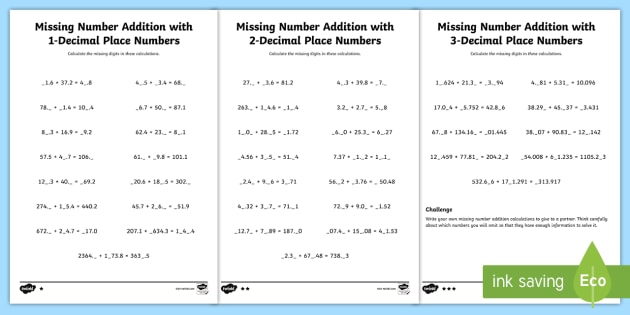 Missing Number Addition with Decimals Worksheet