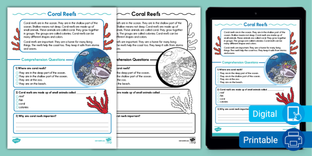 First Grade Coral Reef Reading Passage Comprehension Activity
