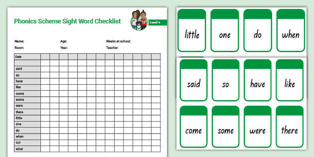 Level 4: Phonics Scheme Sight Word Cards and Checklist