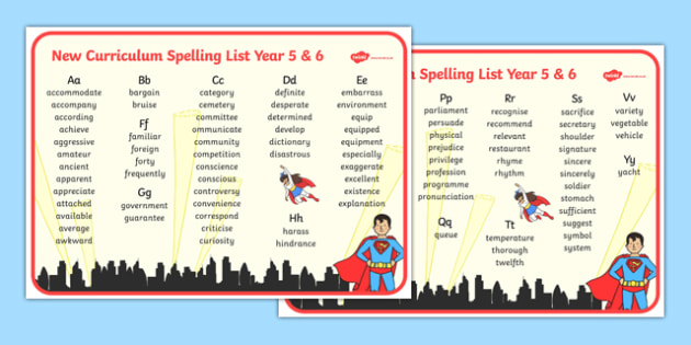 Superhero Themed Spelling List Years 5 and 6 (teacher made)
