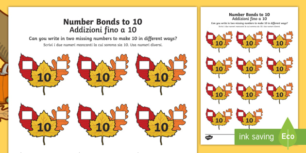 Autumn Leaf Number Bonds to 10 Worksheet / Worksheet English/Italian