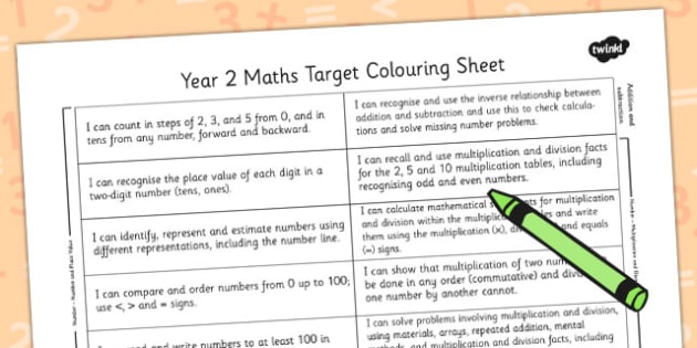 2014 National Curriculum Year 2 Maths Target Colouring Sheet - numeracy