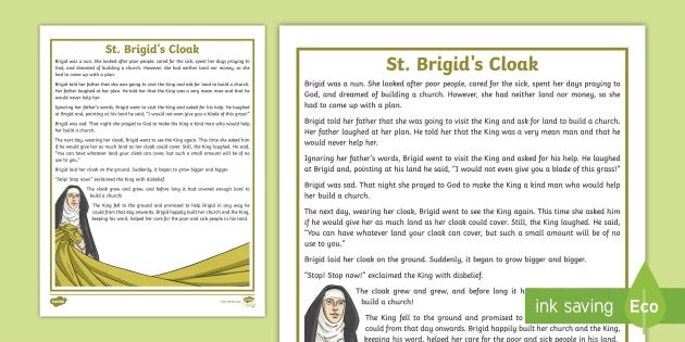 Third Grade Saint Brigid's Cloak Reading Comprehension Activity