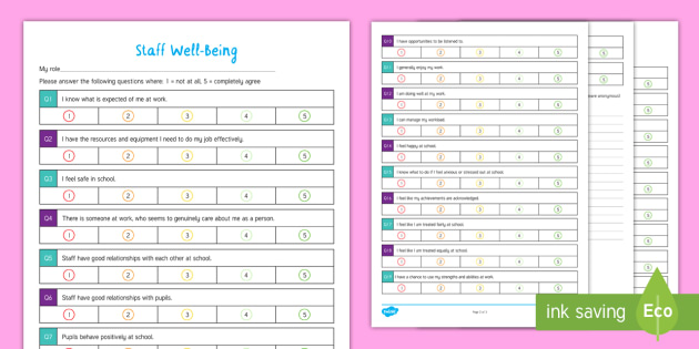 * NEW * Staff Wellbeing Questionnaire Checklist - mental health, stress