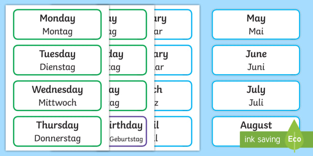 Days of the Week & Months of the Year Display Labels English/German