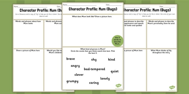 FREE! - Character Profile Mum Dugs Worksheet to Support Teaching on Ug
