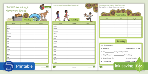 Grade 3 Phonics ow, oa, o_e Homework Sheet (teacher made)