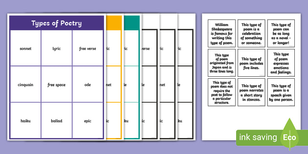 Types of Poetry Bingo | Games | Poetry | ELA Unit | Twinkl